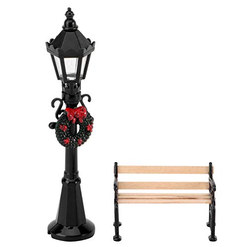 NUOBESTY 2pcs Street Lamp Post and Miniature Park Bench Seat Dollhouse Christmas Village Pathway Lantern Post Mini Street Light Model Fairy Garden Accessories
