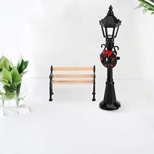 NUOBESTY 2pcs Street Lamp Post and Miniature Park Bench Seat Dollhouse Christmas Village Pathway Lantern Post Mini Street Light Model Fairy Garden Accessories