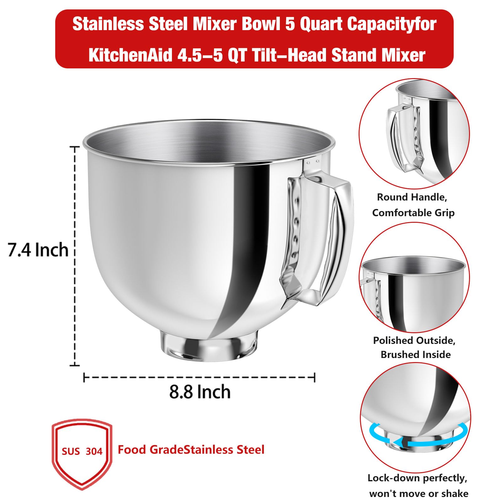 5 QT Stainless Steel Mixer Bowl for Kitchenaid Stand Mixers, Kitchen Aid Mixing Bowl for 4.5-5 QT Tilt-Head Mixer with Handle