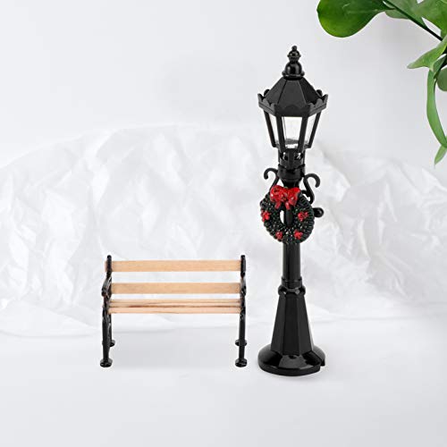 NUOBESTY 2pcs Street Lamp Post and Miniature Park Bench Seat Dollhouse Christmas Village Pathway Lantern Post Mini Street Light Model Fairy Garden Accessories