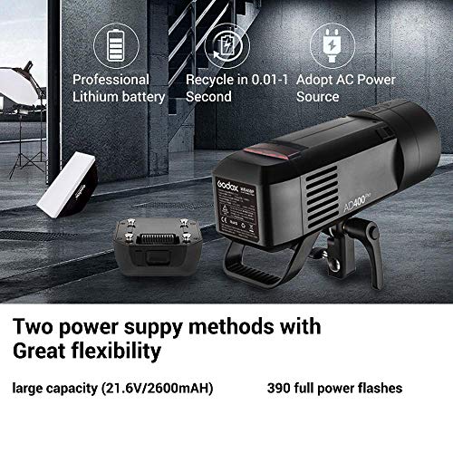 Godox AD400 Pro AD400Pro 400ws GN72 TTL Battery-Powered Monolight, 1/8000 HSS Outdoor Flash Strobe Light, Built-in Godox 2.4G System, 390 Full Power Pops, 0.01-1s Recycle Time, 30w LED Modeling Lamp