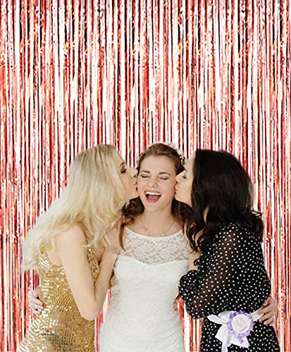2 Pcs 3.2ft x 8.2ft Shiny Rose Gold Metallic Tinsel Foil Fringe Curtains Photo Booth Backdrop for Birthday Wedding Holiday Celebration Bachelorette Party Decorations (Rose Gold)