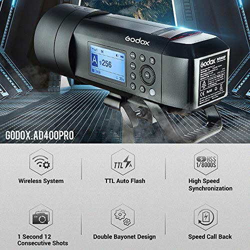 Godox AD400 Pro AD400Pro 400ws GN72 TTL Battery-Powered Monolight, 1/8000 HSS Outdoor Flash Strobe Light, Built-in Godox 2.4G System, 390 Full Power Pops, 0.01-1s Recycle Time, 30w LED Modeling Lamp