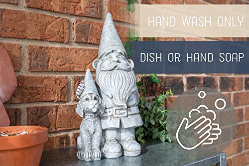 NAT & Jules Gnome and Dog Aged Cement Hue 12 inch Resin Stone Garden Statue