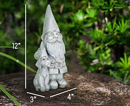 NAT & Jules Gnome and Dog Aged Cement Hue 12 inch Resin Stone Garden Statue