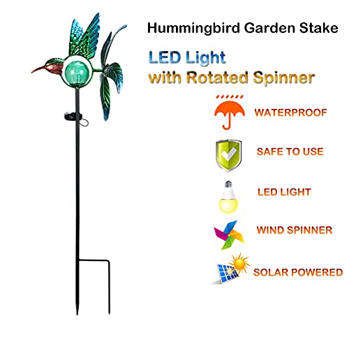 Hummingbird Solar Wind Spinner Outdoor - Solar Garden Stake Lights Cracked Glass Ball Waterproof Outdoor Hummingbird Decor Pathway Lights for Garden Patio Lawn (1 Pack)