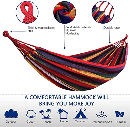 Garden Hammocks Comfortable Fabric Hammock Portable with Carrying Bag for Outdoor Patio Yard Backyard, Beach, Camping Travel, Load Capacity Up to 550 Lbs Canvas Cotton Hammocks (Rainbow)