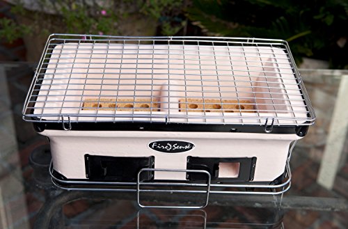 Fire Sense 60450 Yakatori Internal Grates Charcoal Chrome Cooking Grill Japanese Table BBQ Handmade Using Clay Adjustable Ventilation For Outdoor Barbecues Camping Traveling - Large - Tan