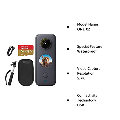 insta360 ONE X2 Waterproof Action Pocket Camera + SanDisk 64GB Extreme Memory Card + Handheld Monopod (extends to 43in) - Great Starter Bundle!, 5.7K