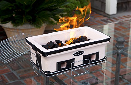 Fire Sense 60450 Yakatori Internal Grates Charcoal Chrome Cooking Grill Japanese Table BBQ Handmade Using Clay Adjustable Ventilation For Outdoor Barbecues Camping Traveling - Large - Tan