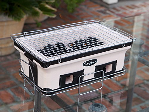 Fire Sense 60450 Yakatori Internal Grates Charcoal Chrome Cooking Grill Japanese Table BBQ Handmade Using Clay Adjustable Ventilation For Outdoor Barbecues Camping Traveling - Large - Tan