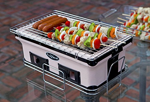 Fire Sense 60450 Yakatori Internal Grates Charcoal Chrome Cooking Grill Japanese Table BBQ Handmade Using Clay Adjustable Ventilation For Outdoor Barbecues Camping Traveling - Large - Tan