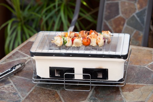Fire Sense 60450 Yakatori Internal Grates Charcoal Chrome Cooking Grill Japanese Table BBQ Handmade Using Clay Adjustable Ventilation For Outdoor Barbecues Camping Traveling - Large - Tan
