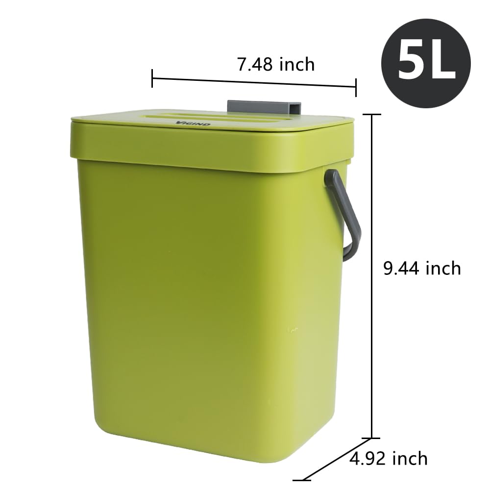 VIGIND Hanging Small Trash Can with Lid Under Sink for Kitchen, 5 L/ 1.3 Gallons Plastic Waste Basket,Food Waste Bin,Kitchen Compost Bin for Counter Top,Bathroom/Office (Green)