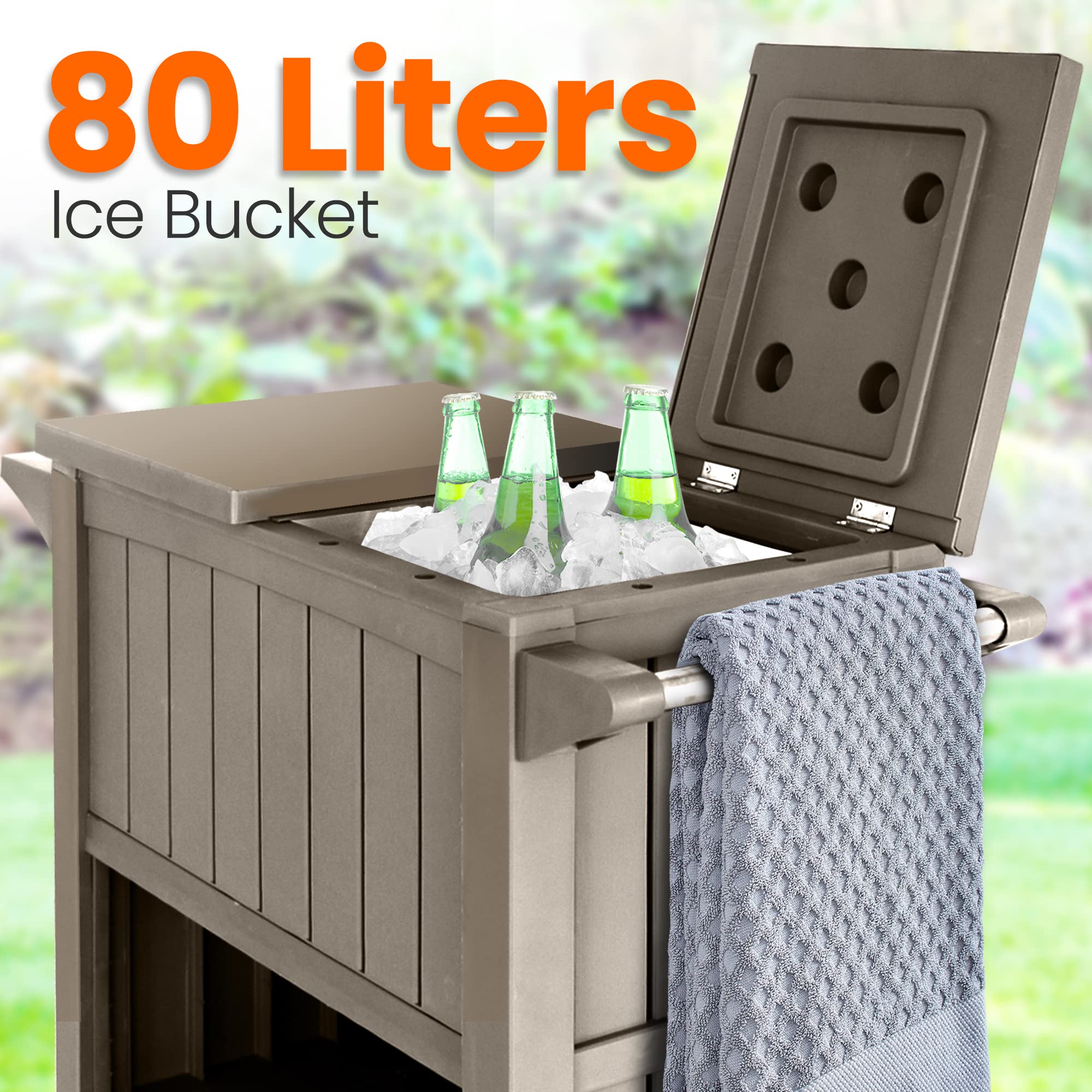 SereneLife 80 Quart Rolling Cooler Ice Chest, Portable Patio Party Bar Drink Cooler Cart on Wheels, Beverage Cart for Pool, includes Ice Bucket, Bottle Opener, and Shelf