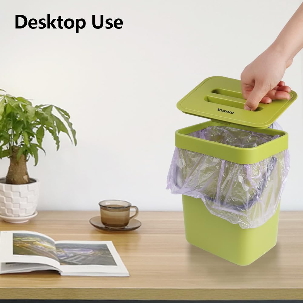VIGIND Hanging Small Trash Can with Lid Under Sink for Kitchen, 5 L/ 1.3 Gallons Plastic Waste Basket,Food Waste Bin,Kitchen Compost Bin for Counter Top,Bathroom/Office (Green)