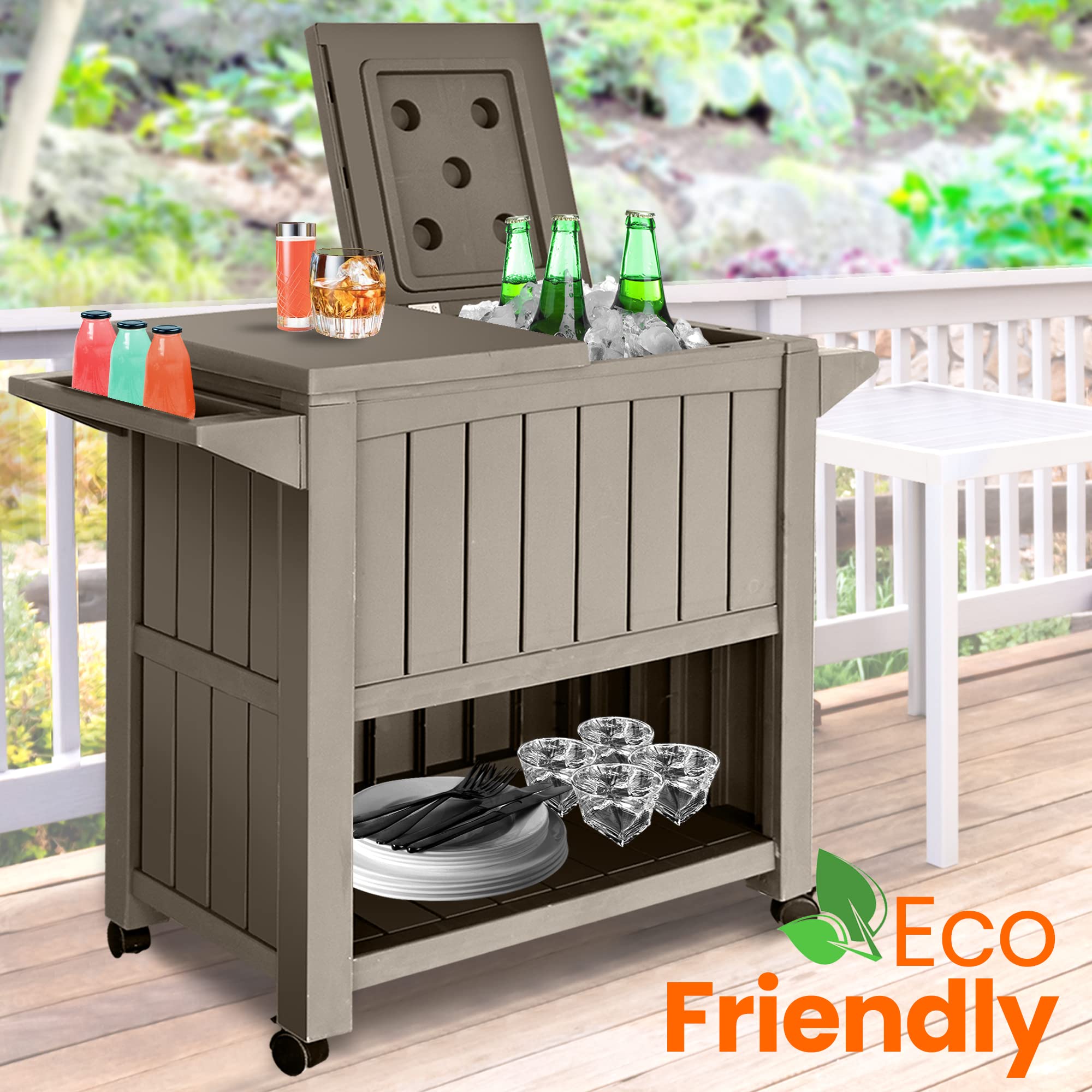 SereneLife 80 Quart Rolling Cooler Ice Chest, Portable Patio Party Bar Drink Cooler Cart on Wheels, Beverage Cart for Pool, includes Ice Bucket, Bottle Opener, and Shelf