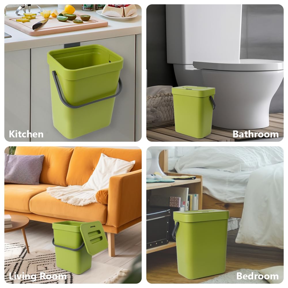 VIGIND Hanging Small Trash Can with Lid Under Sink for Kitchen, 5 L/ 1.3 Gallons Plastic Waste Basket,Food Waste Bin,Kitchen Compost Bin for Counter Top,Bathroom/Office (Green)