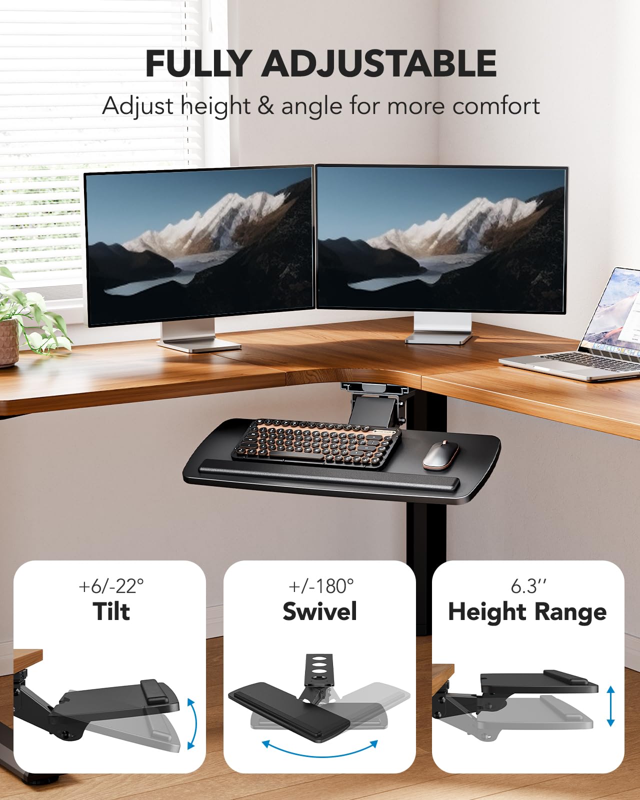 HUANUO Keyboard Tray Under Desk, 360 Adjustable Ergonomic Sliding Keyboard & Mouse Tray, 25" W x 9.8" D, Black