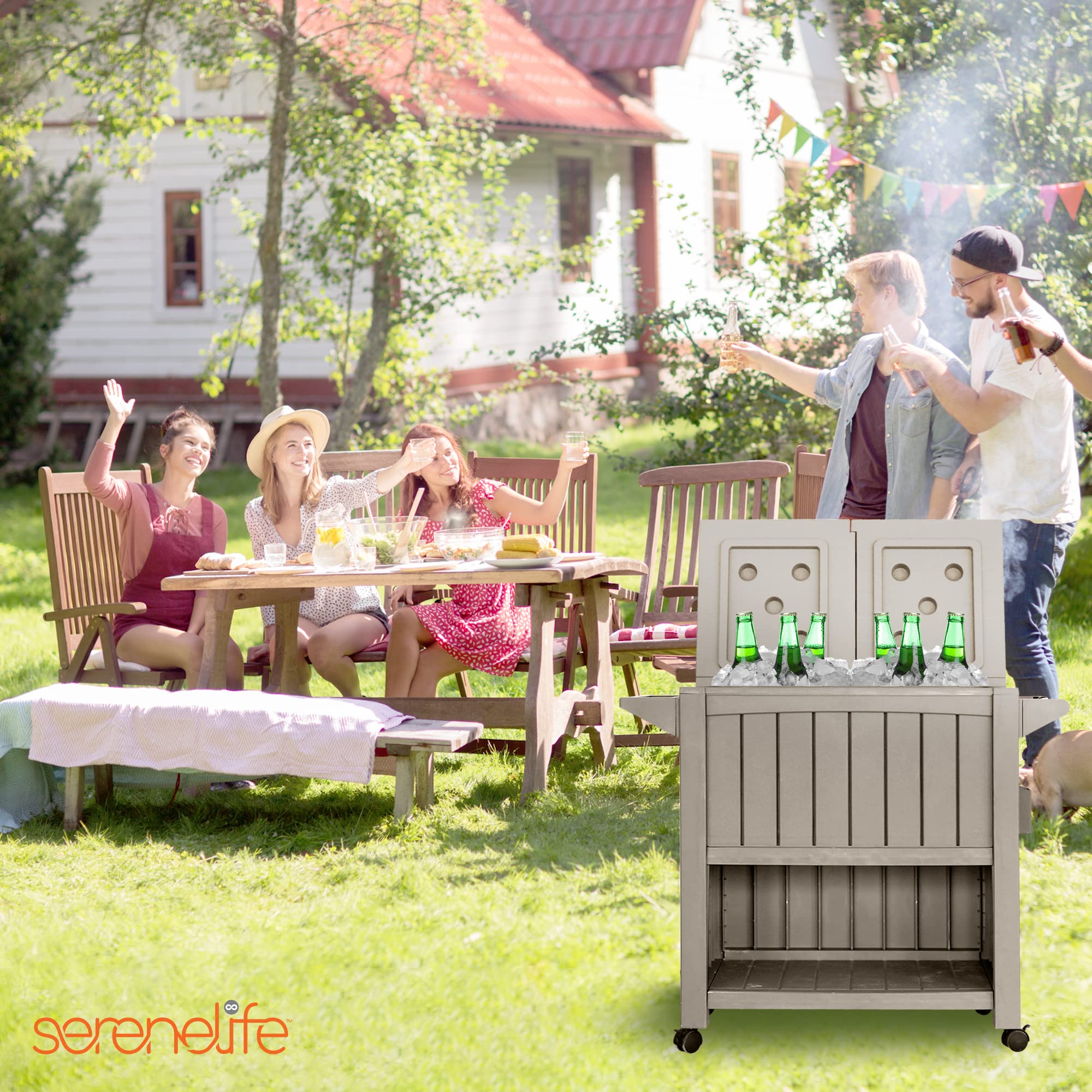 SereneLife 80 Quart Rolling Cooler Ice Chest, Portable Patio Party Bar Drink Cooler Cart on Wheels, Beverage Cart for Pool, includes Ice Bucket, Bottle Opener, and Shelf
