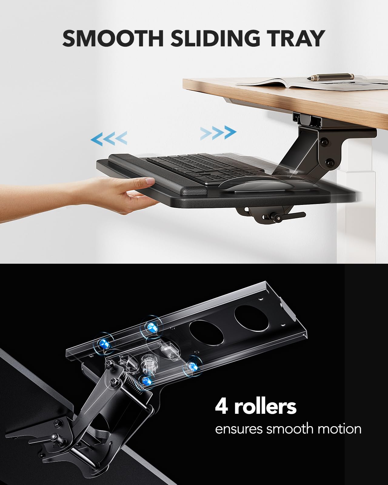 HUANUO Keyboard Tray Under Desk, 360 Adjustable Ergonomic Sliding Keyboard & Mouse Tray, 25" W x 9.8" D, Black