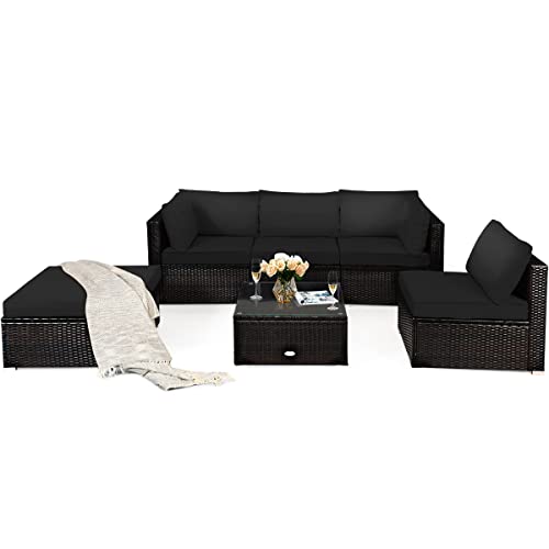 HAPPYGRILL 6 Pieces Patio Conversation Set Outdoor Wicker Furniture Set Rattan Sofa Set with Seat & Back Cushions Coffee Table for Patio Garden Lawn Poolside Backyard