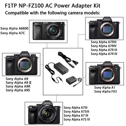 F1TP NP-FZ100 AC Power Adapter Dummy Battery Kit for Sony Alpha A6600, A7C, A7 III, A7S III, A7R III, A7R IV,A1, FX3, FX30, A9II, A9R, A9S Cameras