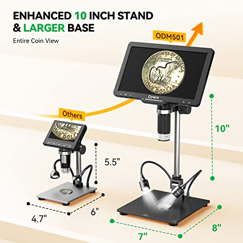 10" HDMI LCD Digital Microscope with Polarizer, Opqpq ODM501 24MP Coin Microscopes for Full View, 1300X Adults Soldering Microscope with Dual Battery for Electronics PCB Repair, 32GB, for PC/TV