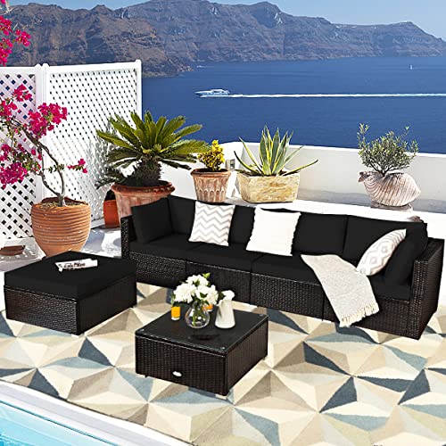 HAPPYGRILL 6 Pieces Patio Conversation Set Outdoor Wicker Furniture Set Rattan Sofa Set with Seat & Back Cushions Coffee Table for Patio Garden Lawn Poolside Backyard