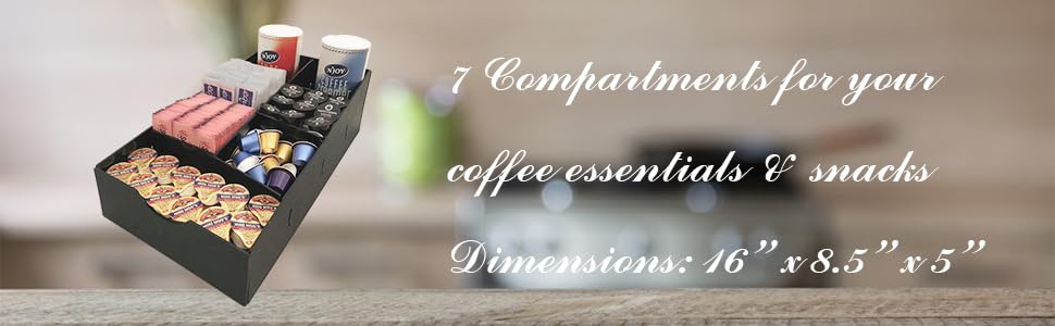 HAITIAN Coffee Condiment Organizer Cup Holder 7 Compartments for Store, Office and Home use, Handmade of 3mm ABS Sheet, Color Black