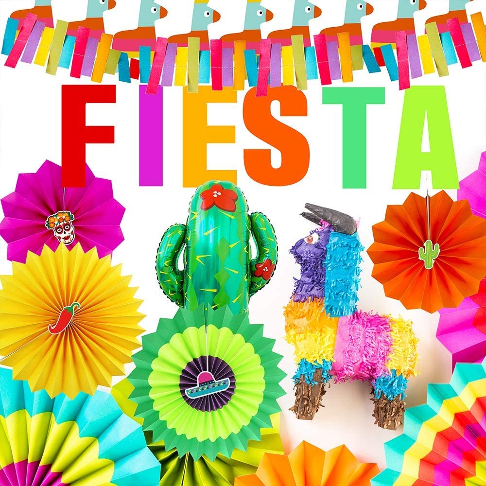 Fiesta Party Decorations Cactus Balloons Hanging Paper Fans Mexican Llama Banner Garland Tassel Garland Backdrop String for Bachelorette Kids Taco Cinco De Mayo Supplies