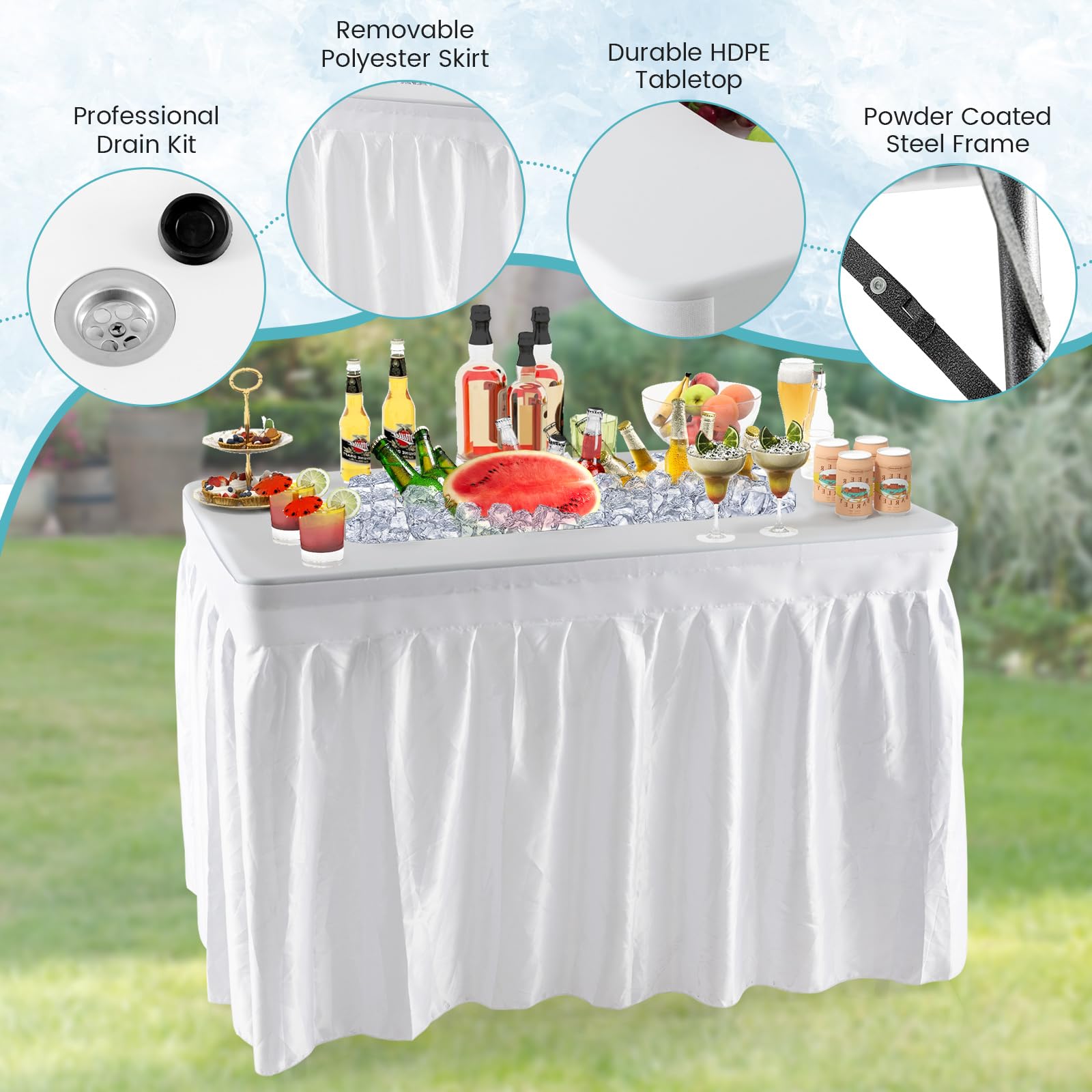 KOTEK Folding Ice Cooler Table with Drain and Skirt, Foldable Beverage Cooler Table Buffet Salad Cooler Server with Edge, Portable Chill Table for Party, Wedding, Picnic, Camping