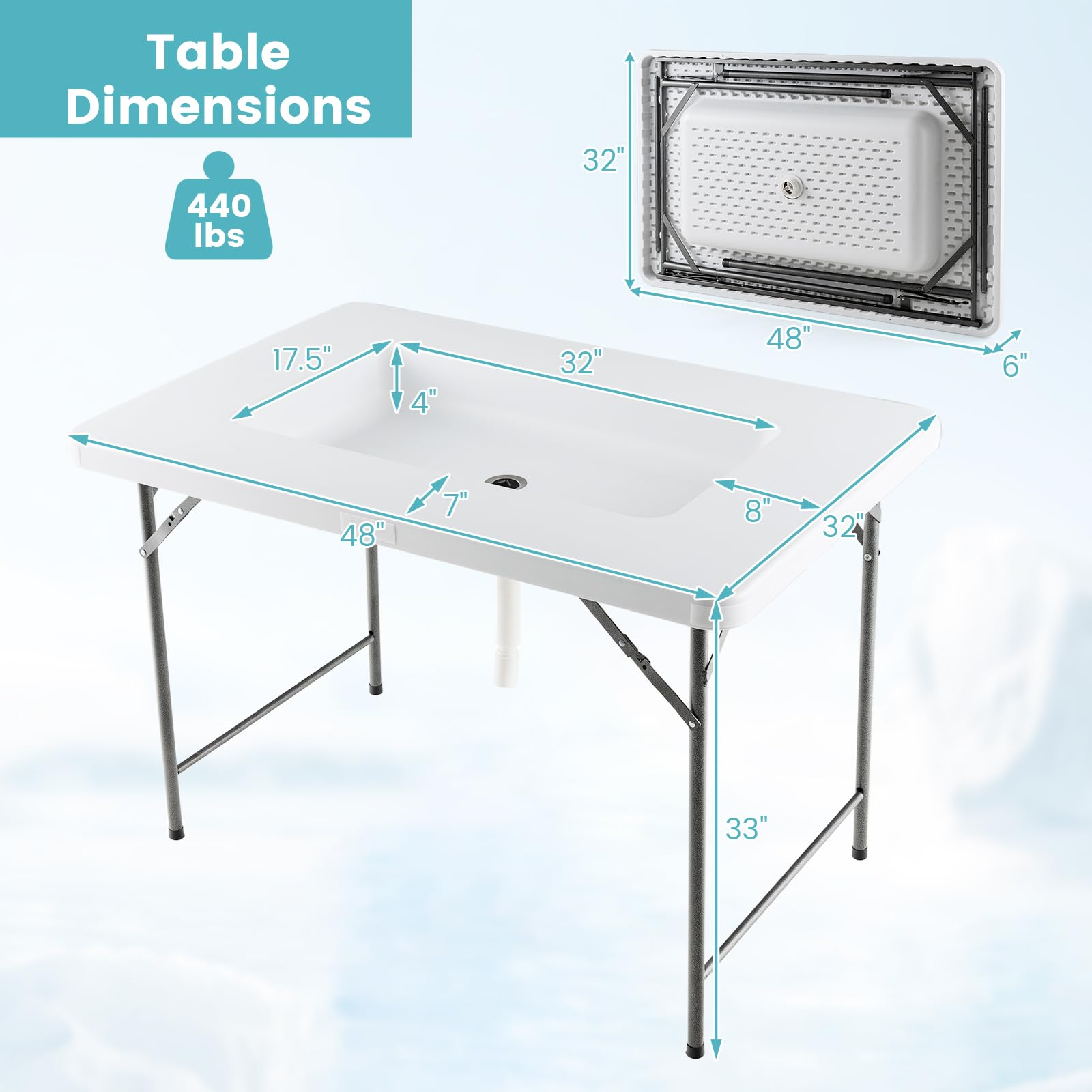 KOTEK Folding Ice Cooler Table with Drain and Skirt, Foldable Beverage Cooler Table Buffet Salad Cooler Server with Edge, Portable Chill Table for Party, Wedding, Picnic, Camping