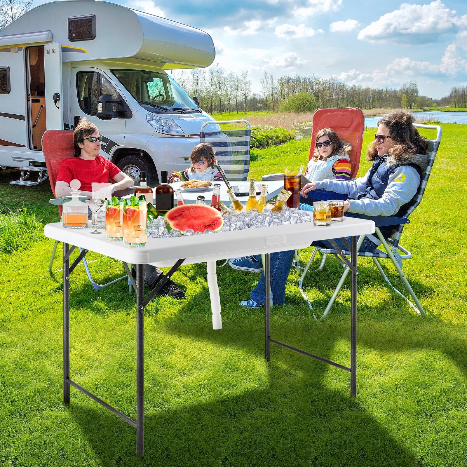 KOTEK Folding Ice Cooler Table with Drain and Skirt, Foldable Beverage Cooler Table Buffet Salad Cooler Server with Edge, Portable Chill Table for Party, Wedding, Picnic, Camping