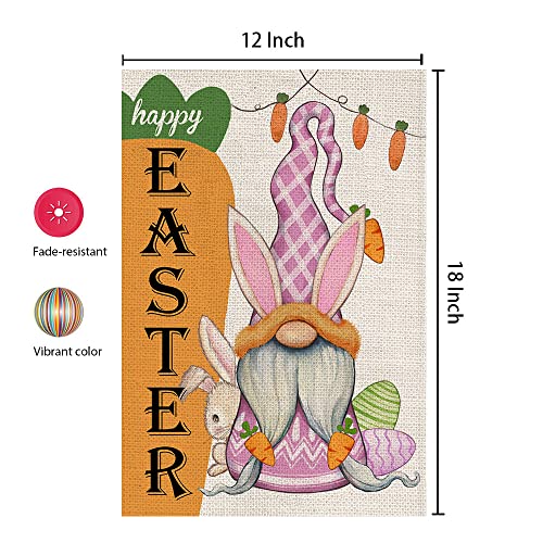 CROWNED BEAUTY Happy Easter Garden Flag Pink Gnome 12×18 Inch Double Sided Carrots Eggs Outside Vertical Holiday Yard Decor