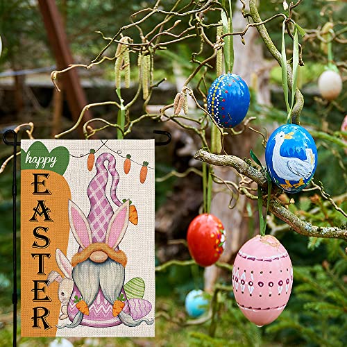 CROWNED BEAUTY Happy Easter Garden Flag Pink Gnome 12×18 Inch Double Sided Carrots Eggs Outside Vertical Holiday Yard Decor