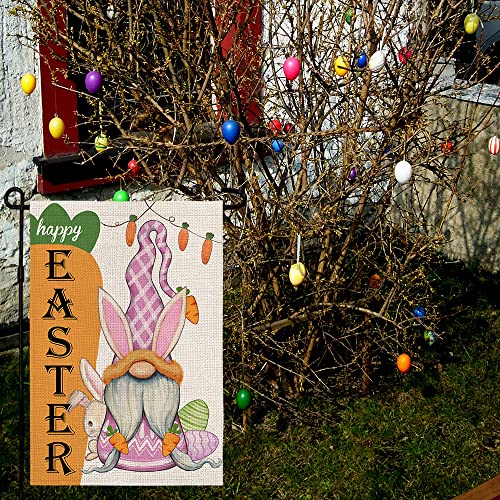 CROWNED BEAUTY Happy Easter Garden Flag Pink Gnome 12×18 Inch Double Sided Carrots Eggs Outside Vertical Holiday Yard Decor