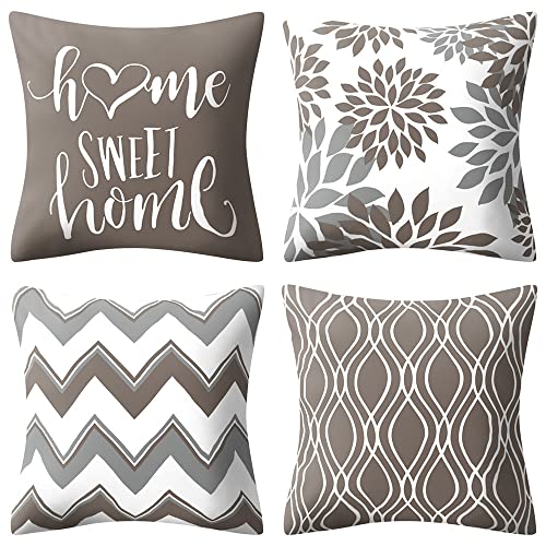 Drmstow Brown Grey Pillow Covers 18x18 Set of 4 Decorative Throw Pillow Cushion Covers for Sofa Bedroom Outdoor Patio Furniture Indoors Home Decor