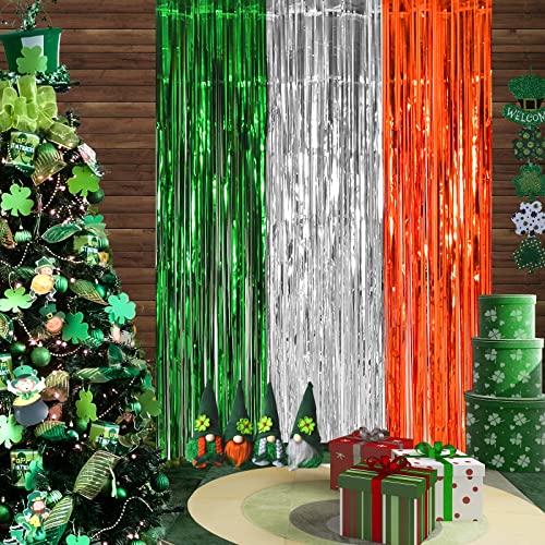 LOLStar 1 Pack St. Patrick's Day Foil Fringe Curtains St Patricks Day Party Decoration 3.3x8.2 ft Green White Orange Tinsel Fringe Curtain Photo Booth Prop Streamer Backdrop for Irish Party Decoration