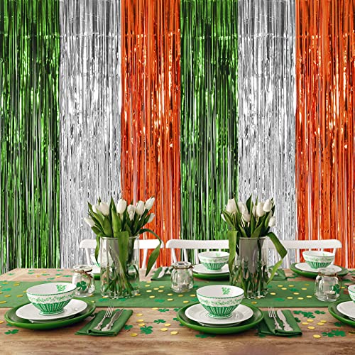 LOLStar 1 Pack St. Patrick's Day Foil Fringe Curtains St Patricks Day Party Decoration 3.3x8.2 ft Green White Orange Tinsel Fringe Curtain Photo Booth Prop Streamer Backdrop for Irish Party Decoration