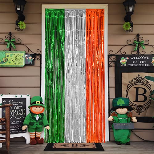 LOLStar 1 Pack St. Patrick's Day Foil Fringe Curtains St Patricks Day Party Decoration 3.3x8.2 ft Green White Orange Tinsel Fringe Curtain Photo Booth Prop Streamer Backdrop for Irish Party Decoration