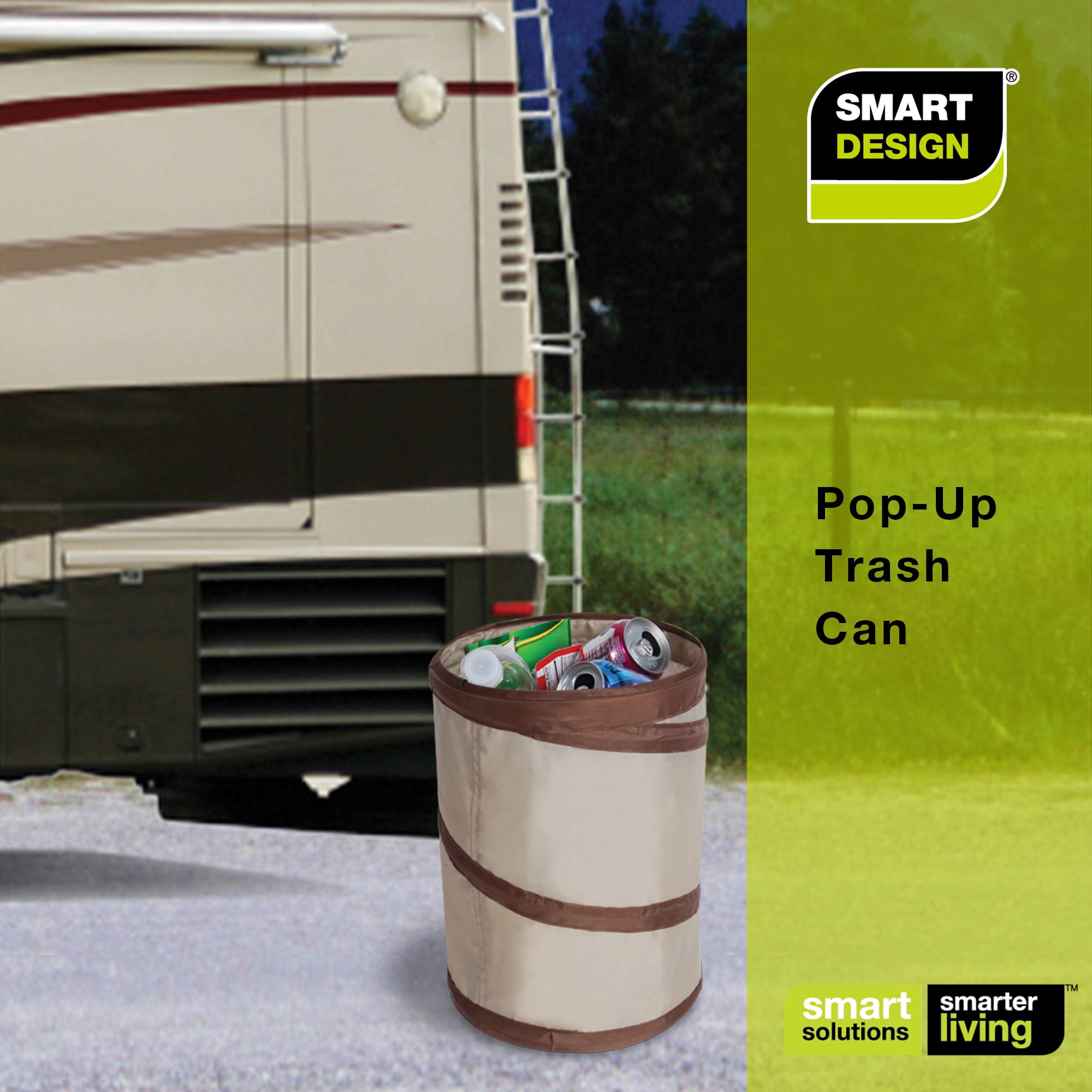 Smart Design Spiral Pop Up Trash Bin with Open Top - Easy to Clean Design - for Recyclables, Garbage, Paper Clutter, Trash Bin - Home - 9.5 x 13 Inch - Beige with Dark Brown Trim