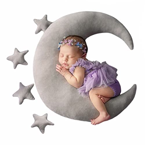 Yarstar 1+4pcs Newborn Photography Pillow Set Newborn Posing Photography Prop Moon Star Baby Picture Prop Newborn Photo Props for Babies Newborn Photography Props Baby Moon Nursery Pillow (C-Grey)