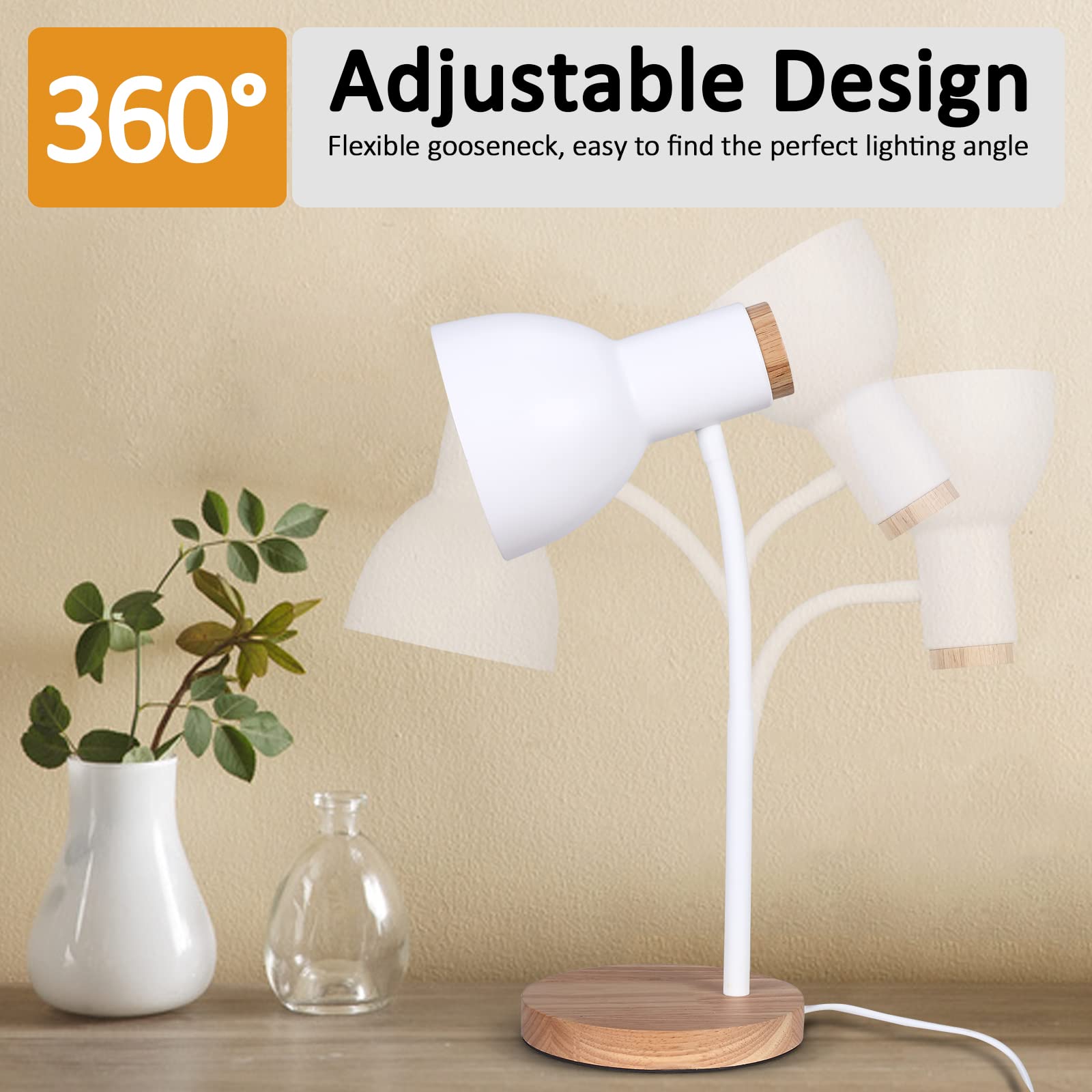YEXIMEE LED Desk Lamp, Adjustable Modern Wood Goose Neck Table Lamp, Eye-Caring Study Desk Lamps for Bedroom, Study Room and Office (LED Bulb Included)