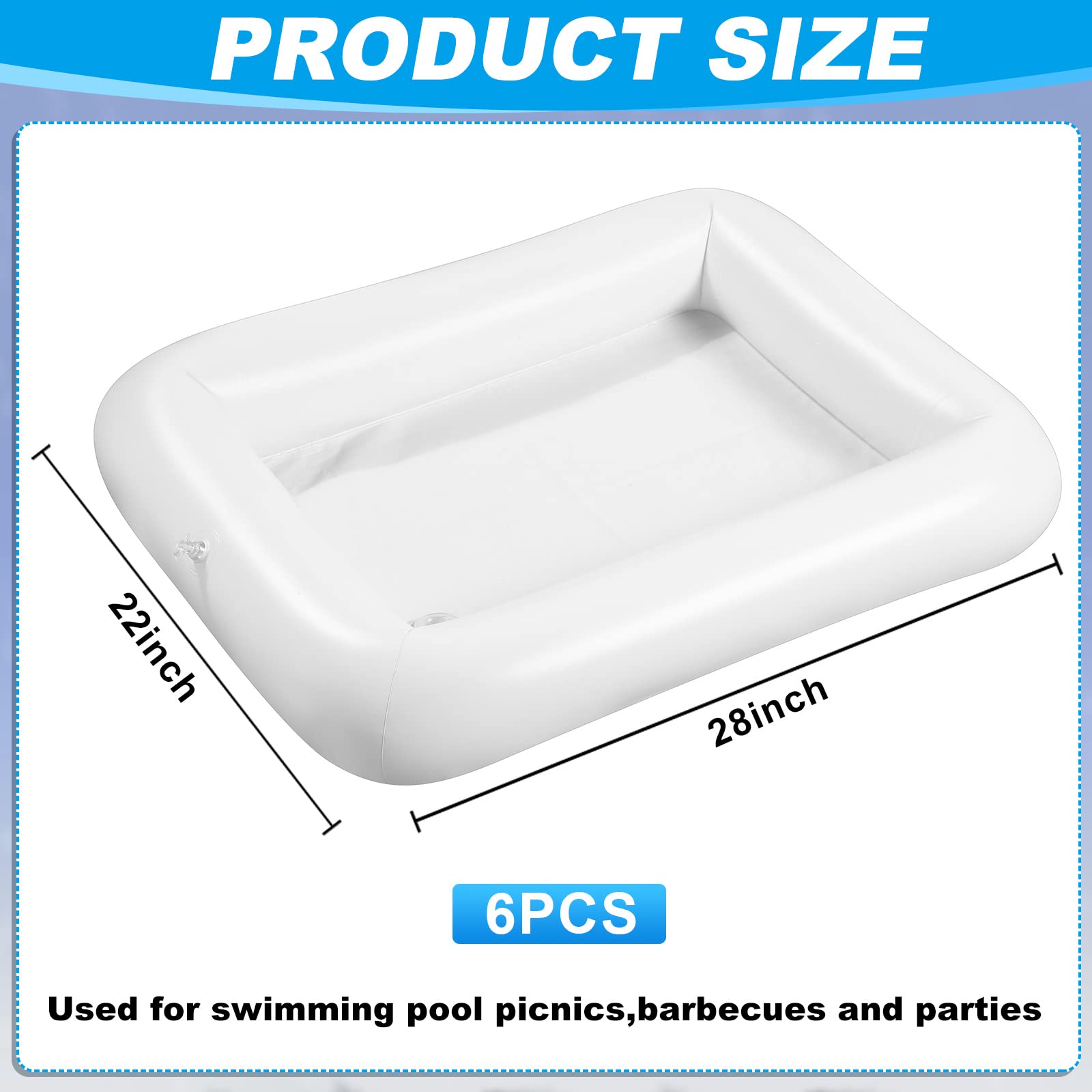 Lenwen 6 Pcs Inflatable Serving Bar Salad Ice Tray Food Drink Containers Buffet Serving Cooler Beverage Tub Ice Holder for BBQ Picnic Pool Party Supplies with Drain Plug, 28 x 22 Inch(White)