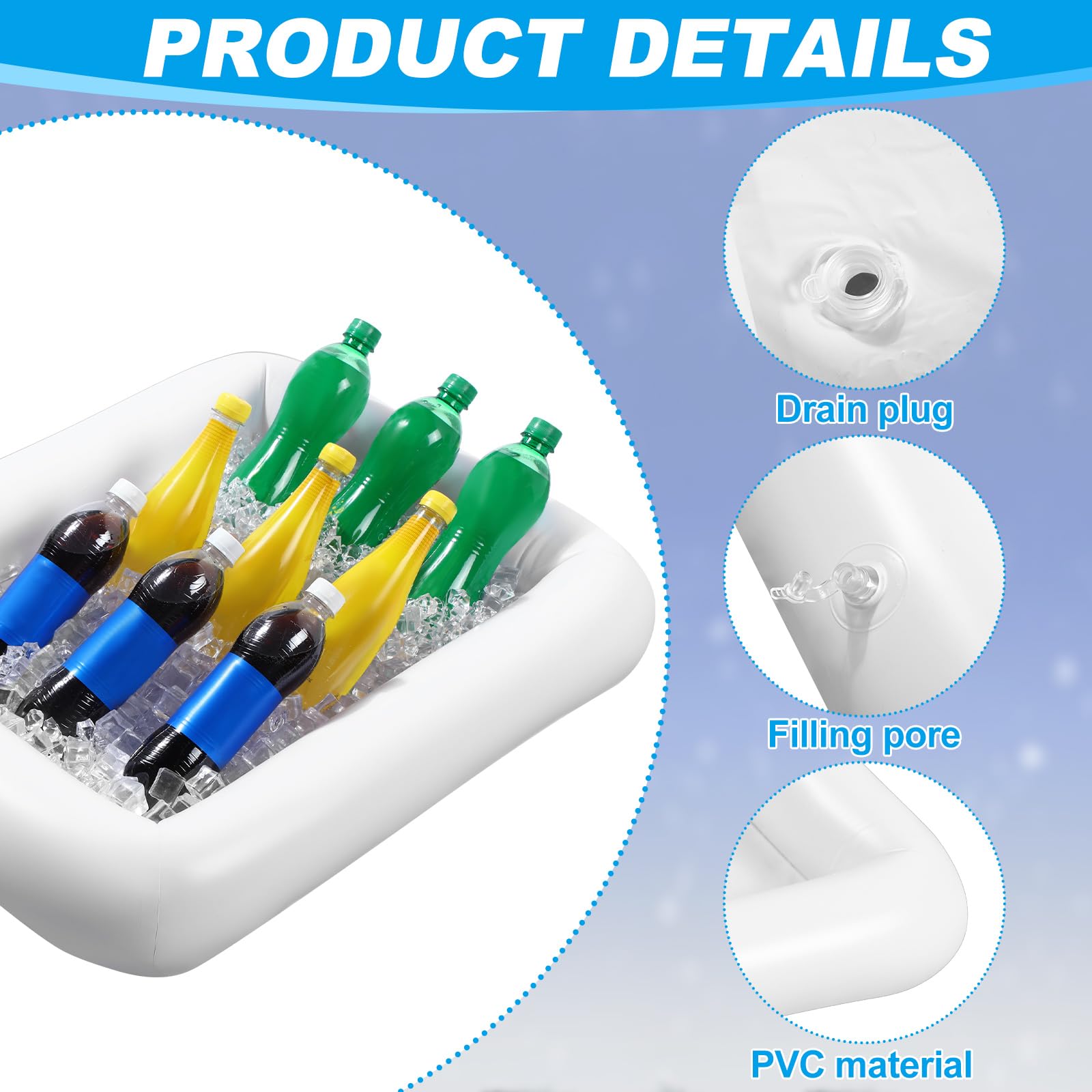 Lenwen 6 Pcs Inflatable Serving Bar Salad Ice Tray Food Drink Containers Buffet Serving Cooler Beverage Tub Ice Holder for BBQ Picnic Pool Party Supplies with Drain Plug, 28 x 22 Inch(White)