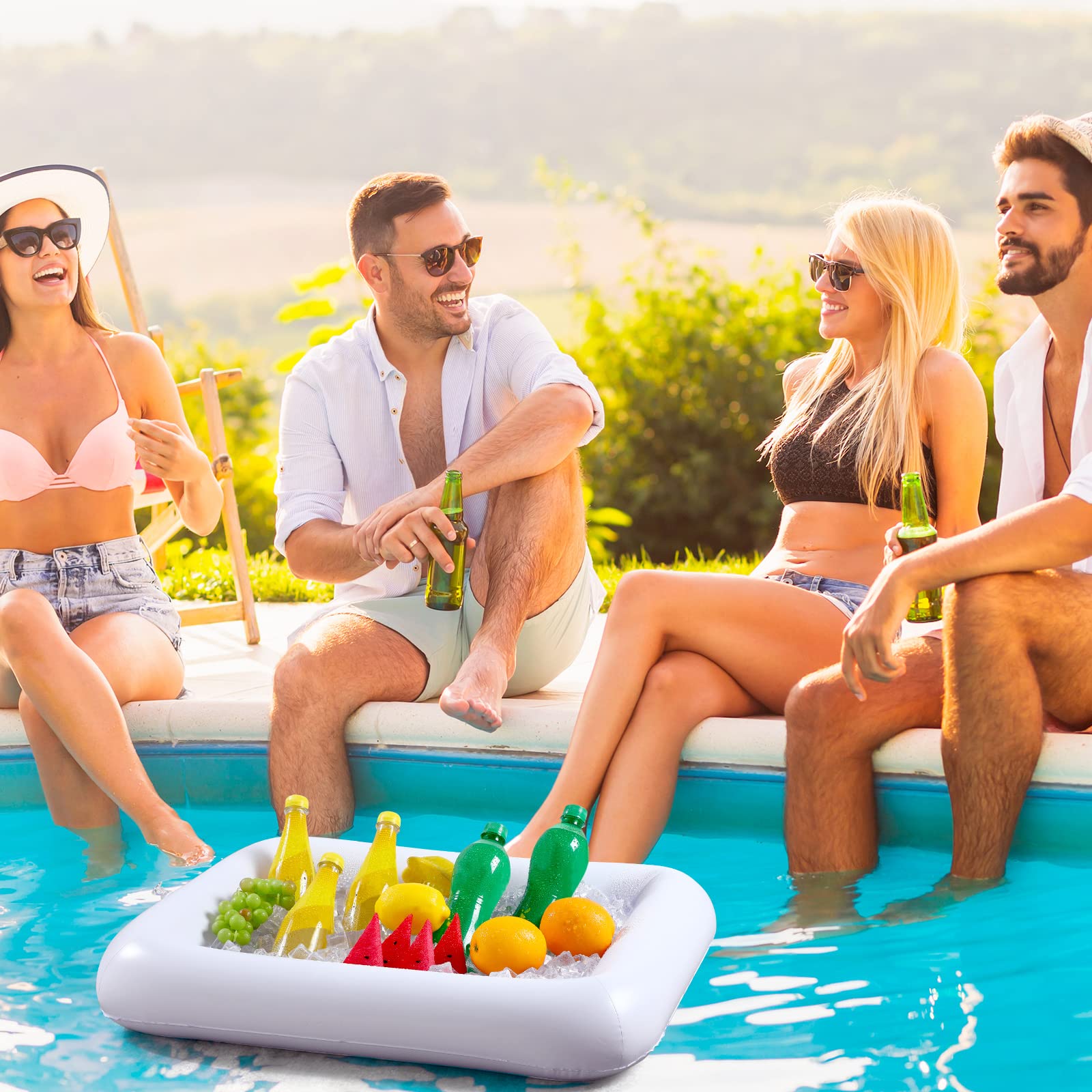 Lenwen 6 Pcs Inflatable Serving Bar Salad Ice Tray Food Drink Containers Buffet Serving Cooler Beverage Tub Ice Holder for BBQ Picnic Pool Party Supplies with Drain Plug, 28 x 22 Inch(White)