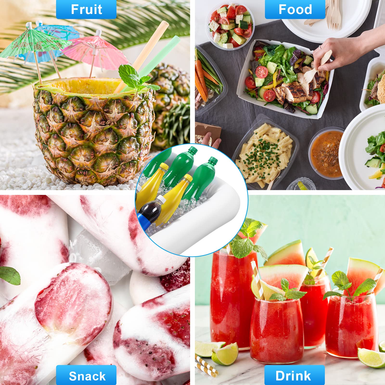 Lenwen 6 Pcs Inflatable Serving Bar Salad Ice Tray Food Drink Containers Buffet Serving Cooler Beverage Tub Ice Holder for BBQ Picnic Pool Party Supplies with Drain Plug, 28 x 22 Inch(White)