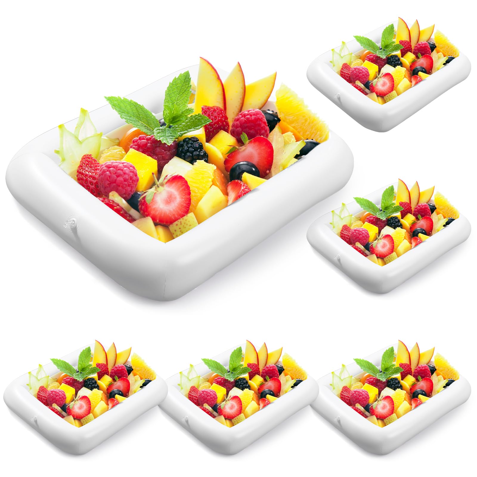 Lenwen 6 Pcs Inflatable Serving Bar Salad Ice Tray Food Drink Containers Buffet Serving Cooler Beverage Tub Ice Holder for BBQ Picnic Pool Party Supplies with Drain Plug, 28 x 22 Inch(White)