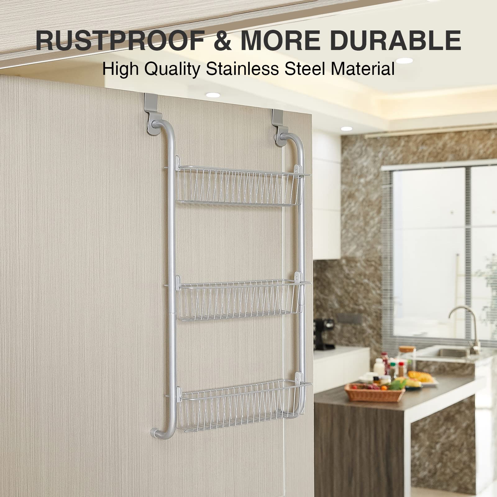 HOMERACK 3-Tier Over the Door Pantry Organizer, Heavy-Duty Metal Pantry Door Organizer with 3 Baskets, Hanging Spice Rack, Pantry Door Organization and Storage, Chrome
